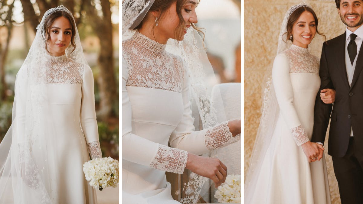 Se alle detaljerne: Jordans prinsesse Iman blev gift i Dior-brudekjole med yndige blonder ...